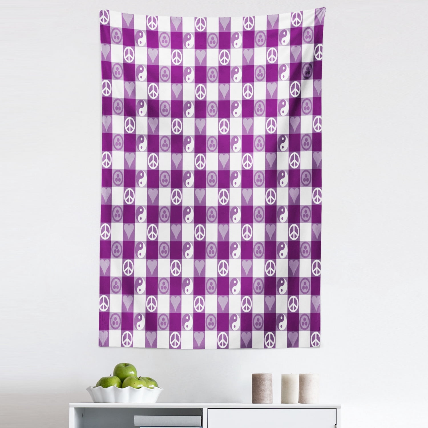 Plaid Tapestry, Hearts Ying Yang Pattern Sign of Peace Pax Cultura ...