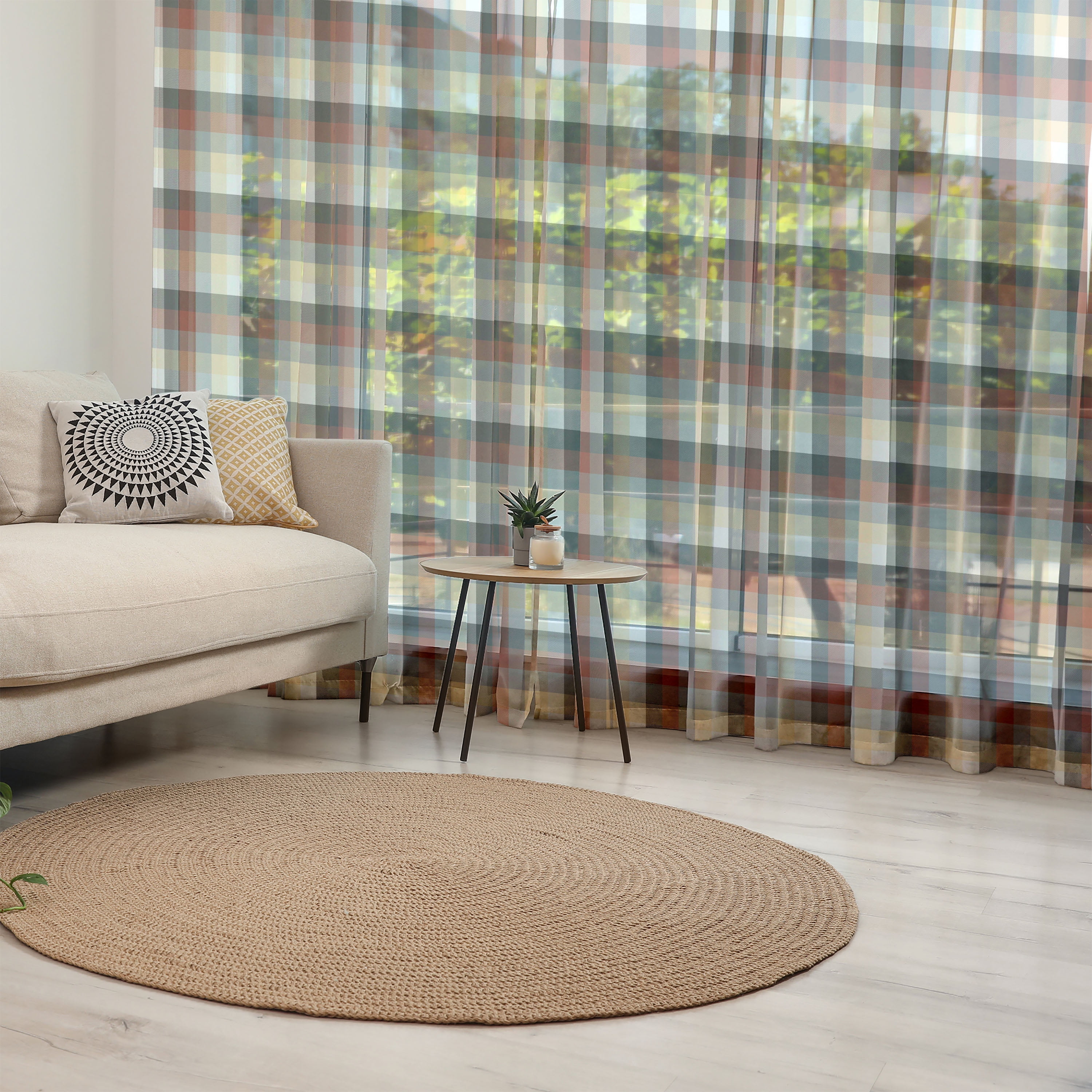 Plaid Tulle Curtains with Rod Pocket, Checkered Squares Pattern with ...