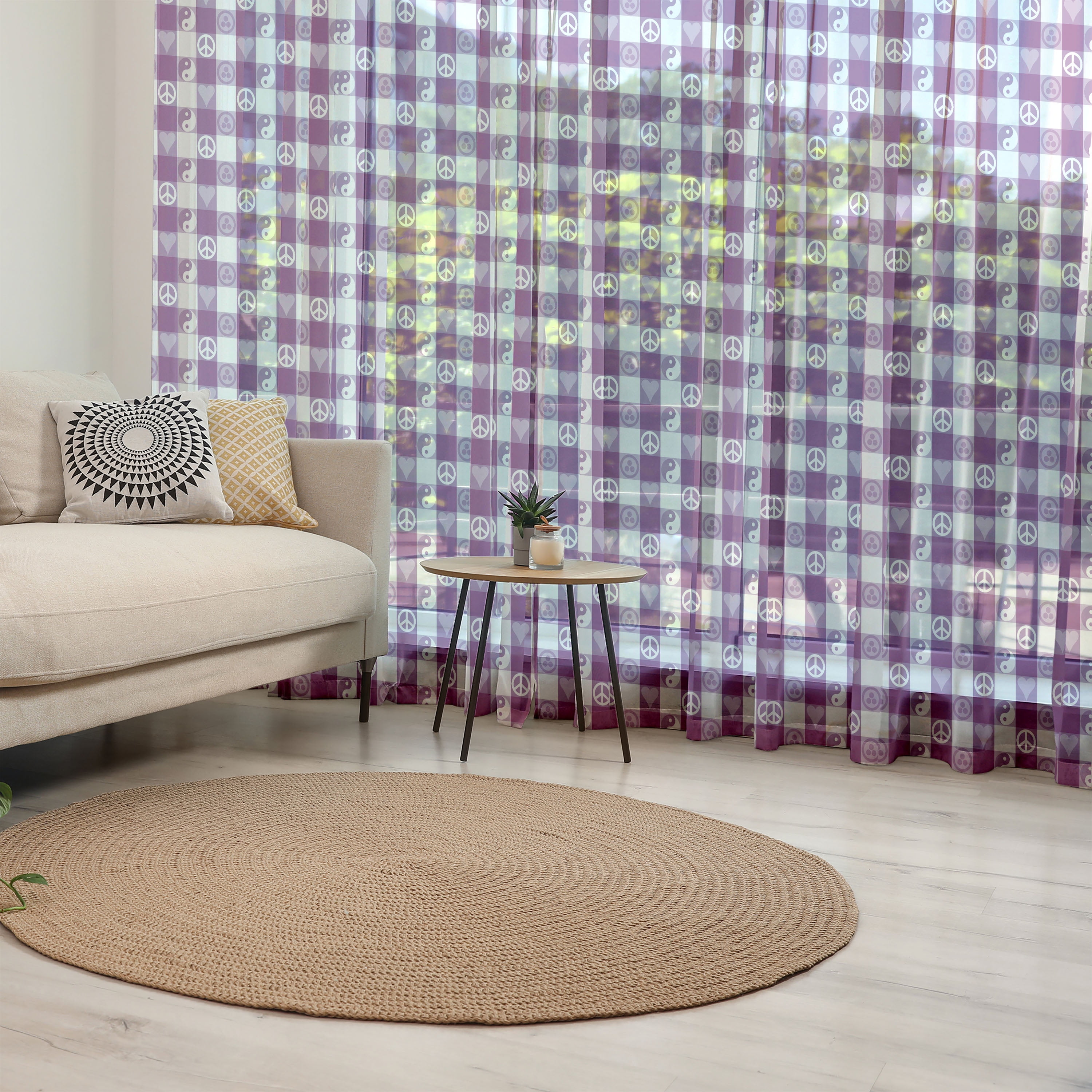 Plaid Tulle Curtains with Rod Pocket, Hearts Ying Yang Pattern Sign of ...