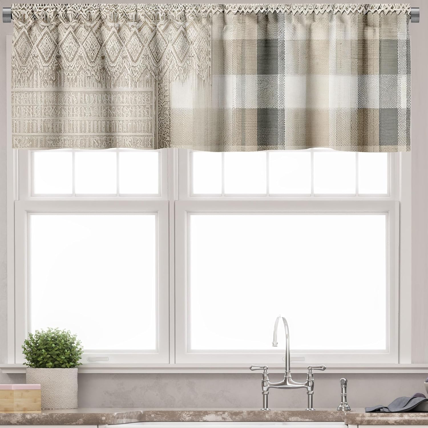 Plaid Window Valance, Neutral Bohemian Buffalo Tartan Pattern with ...