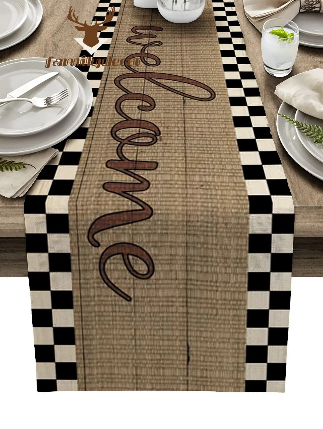 Plaid Wood Grain Retro Welcome Table Runner Home Wedding Table Flag Mat ...