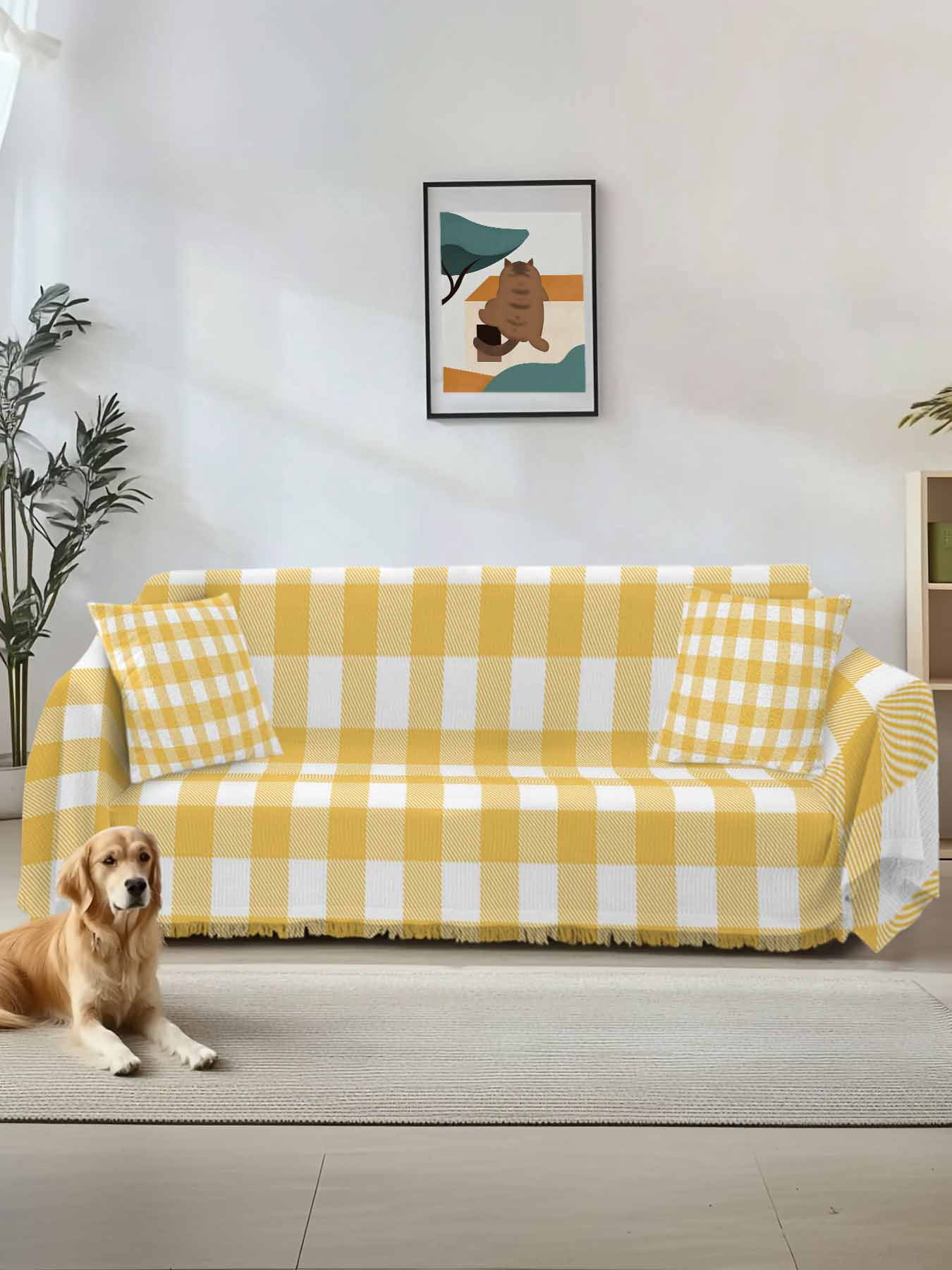 Plaid Yellle, Couch Cover for 2 Cushion Sofa, Rural Abstract Geometric ...