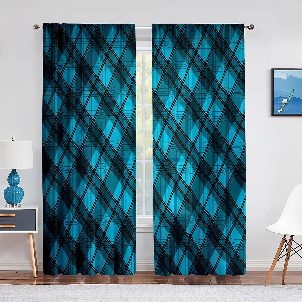 Plaid with Diagonal Lines and Rhombuses Tulle Curtains for Living Room ...