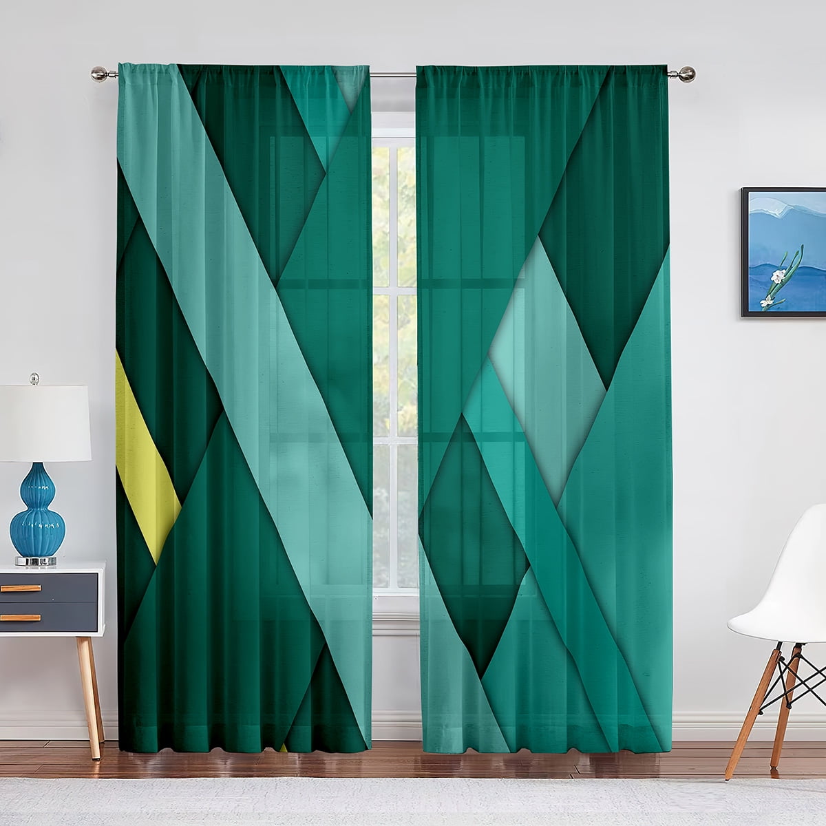 Plaid with Diagonal Lines and Rhombuses Tulle Curtains for Living Room ...
