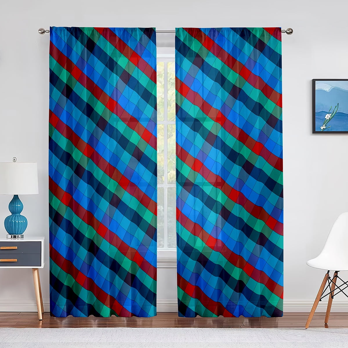 Plaid with Diagonal Lines and Rhombuses Tulle Curtains for Living Room Bedroom rations Chiffon ...