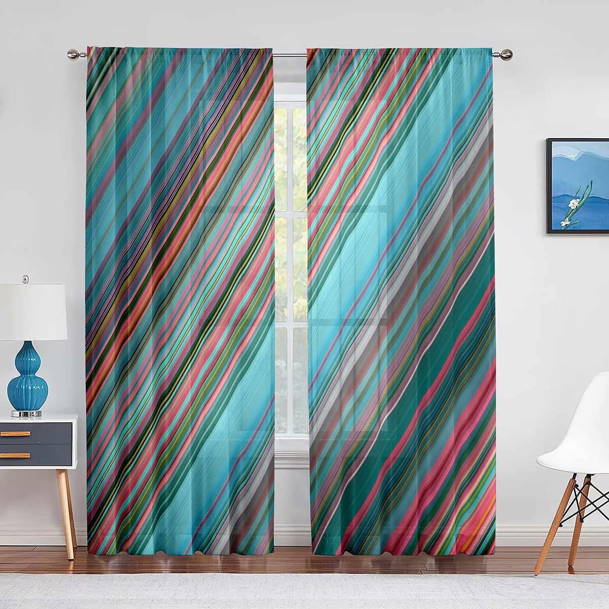 Plaid with Diagonal Lines and Rhombuses Tulle Curtains for Living Room ...