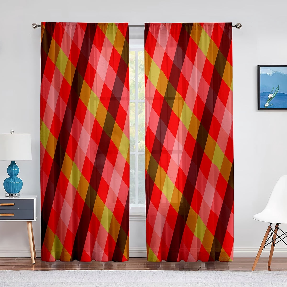 Plaid with Diagonal Lines and Rhombuses Tulle Curtains for Living Room ...