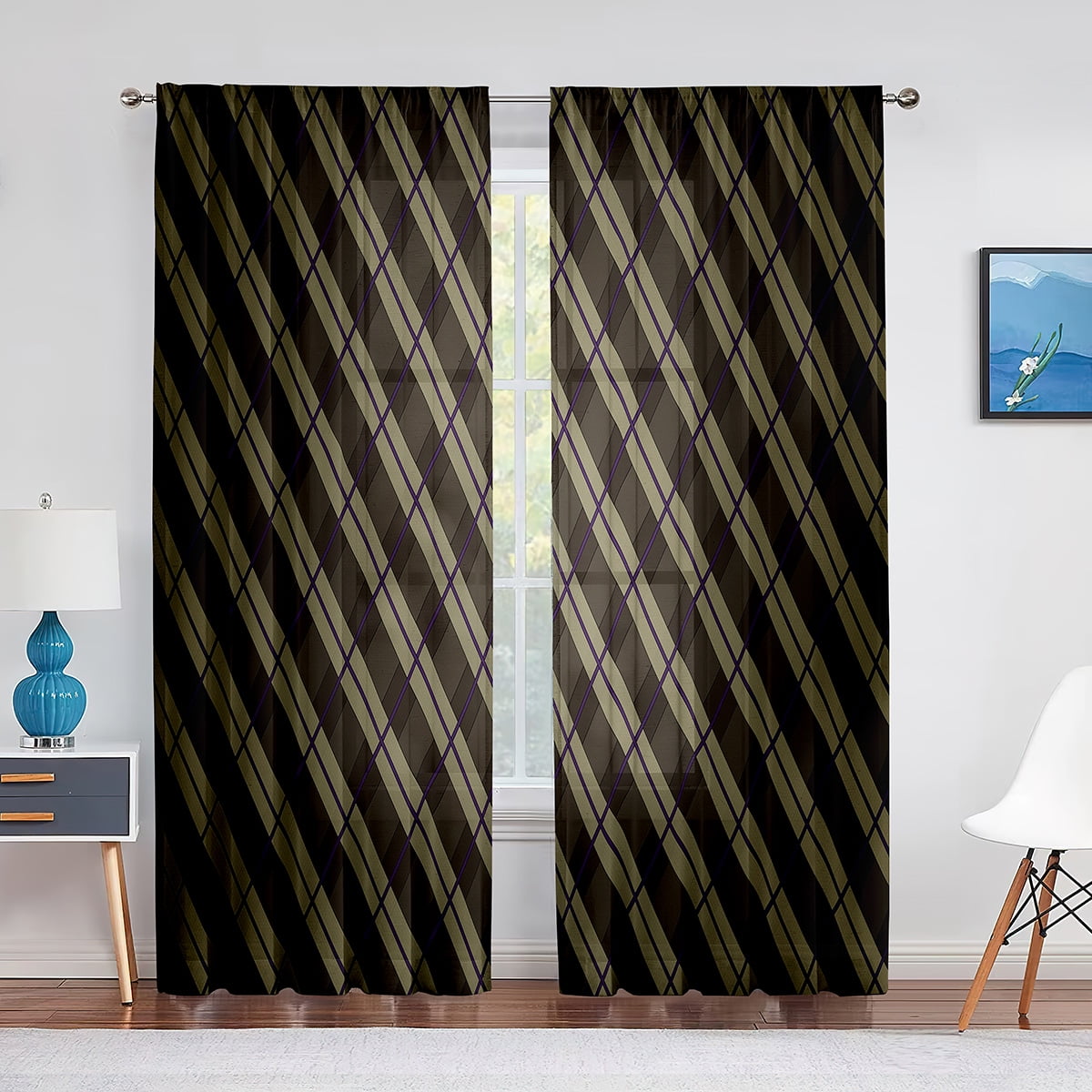 Plaid with Diagonal Lines and Rhombuses Tulle Curtains for Living Room ...