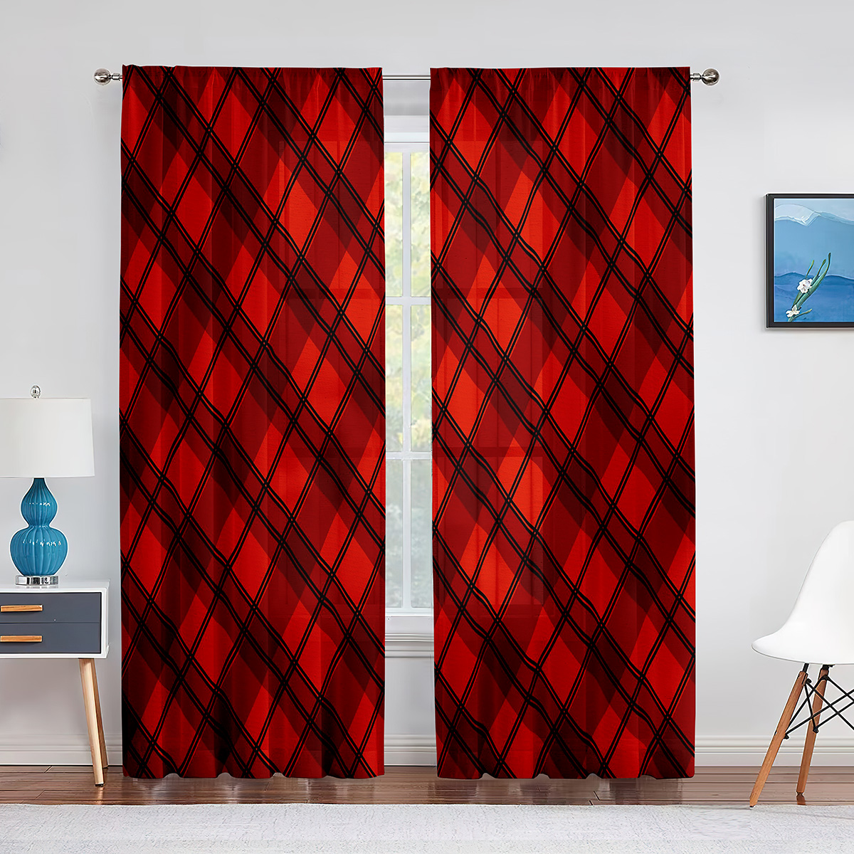 Plaid with Diagonal Lines and Rhombuses Tulle Curtains for Living Room ...