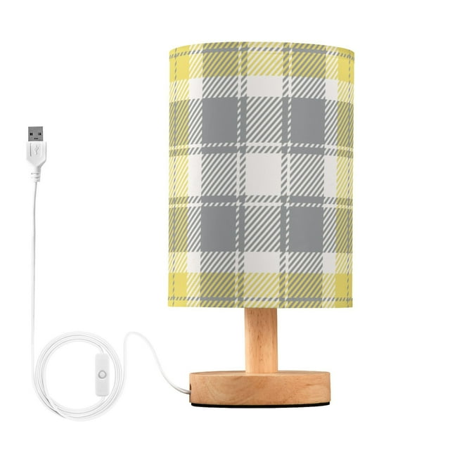 Plaid with Yellow and Grey Bedside Table Lamp LED Warm Lights with USB ...