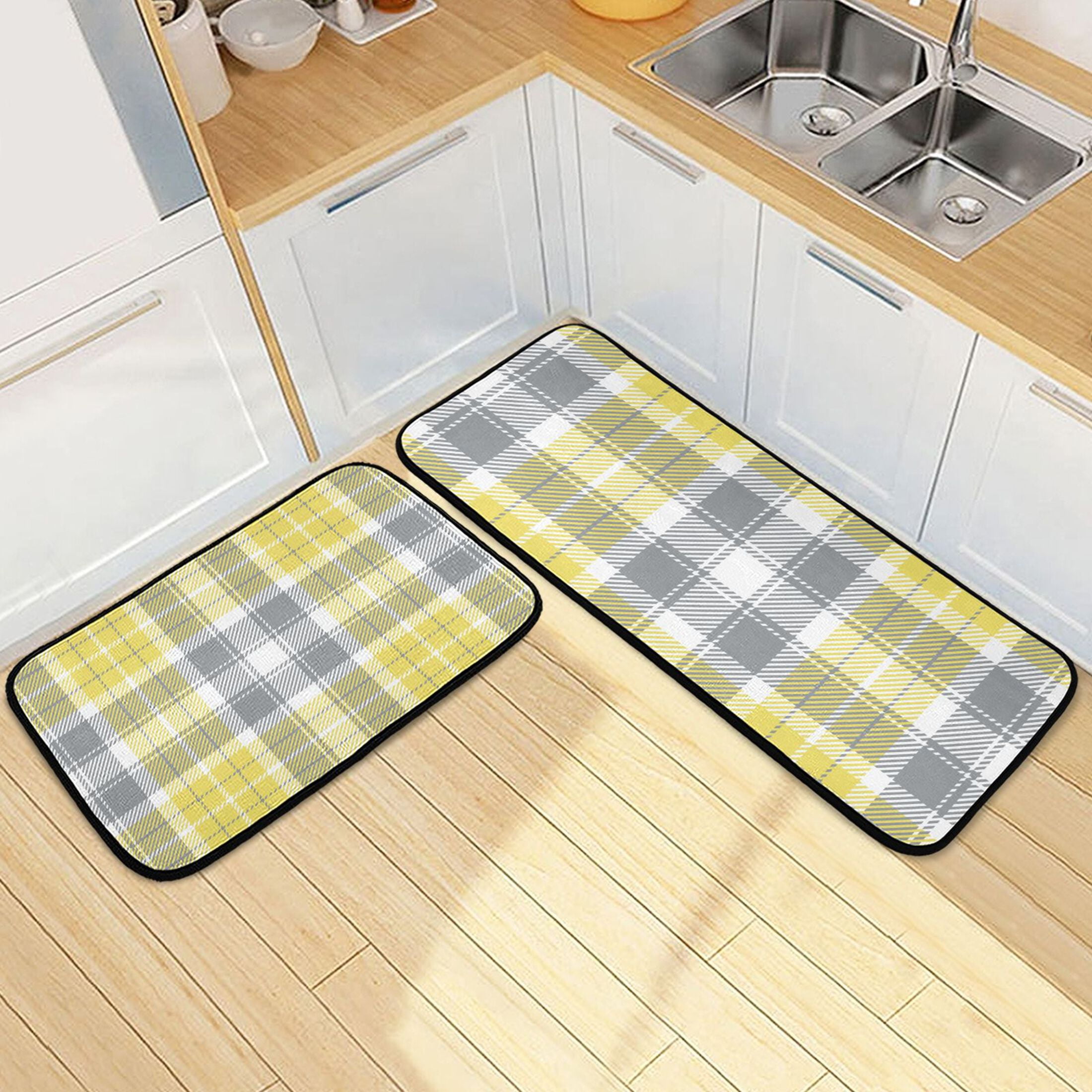Plaid with Yellow and Grey Kitchen Mats Set 2 Piece Non Slip Floor Foam ...