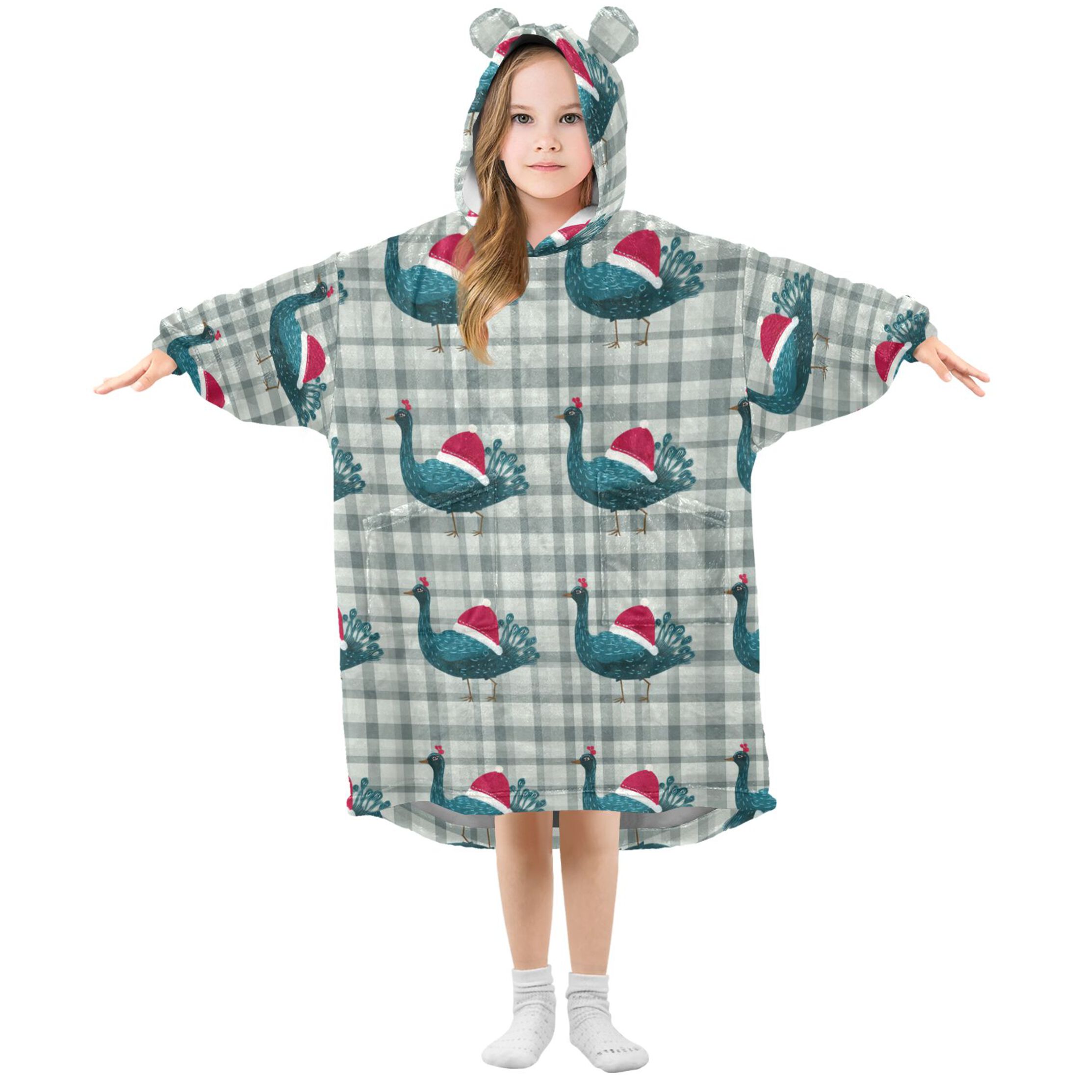 Plaids Cartoon Peacocks with Christmas Hats Flannel Wearable Blankets ...
