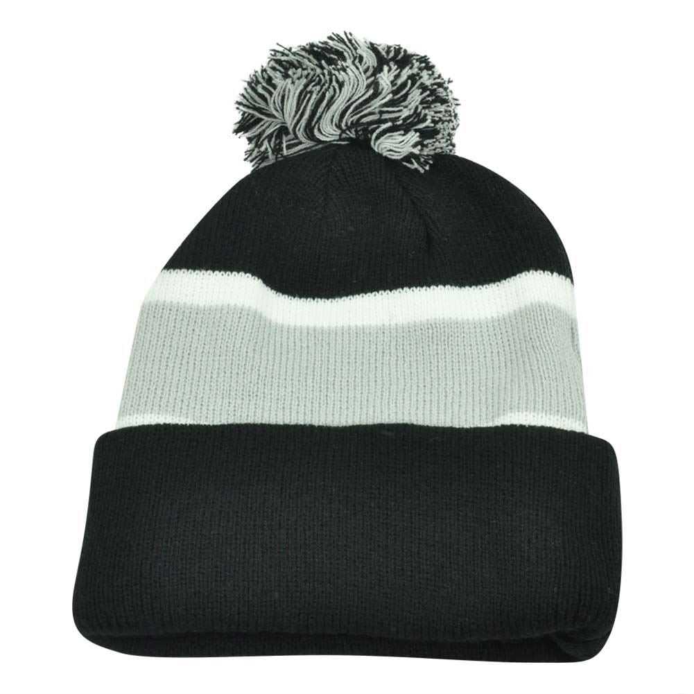 Plain Blank Striped Cuffed Black Grey Thick Hat Beanie Pom Pom Knit ...
