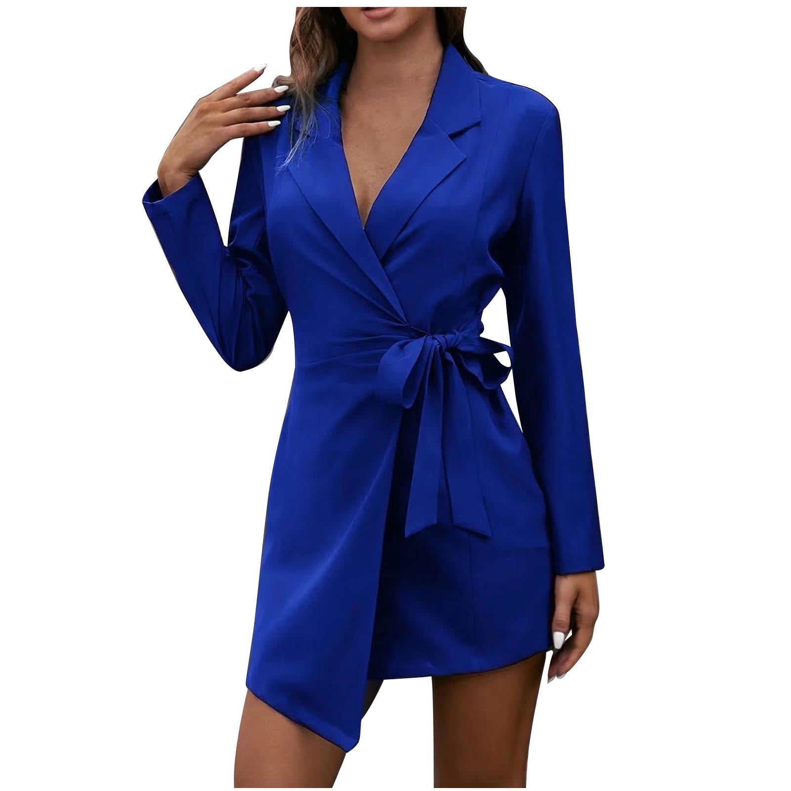 Plain Blazer Dress for Women Asymmetric Belted Wrap Blazers Notched ...