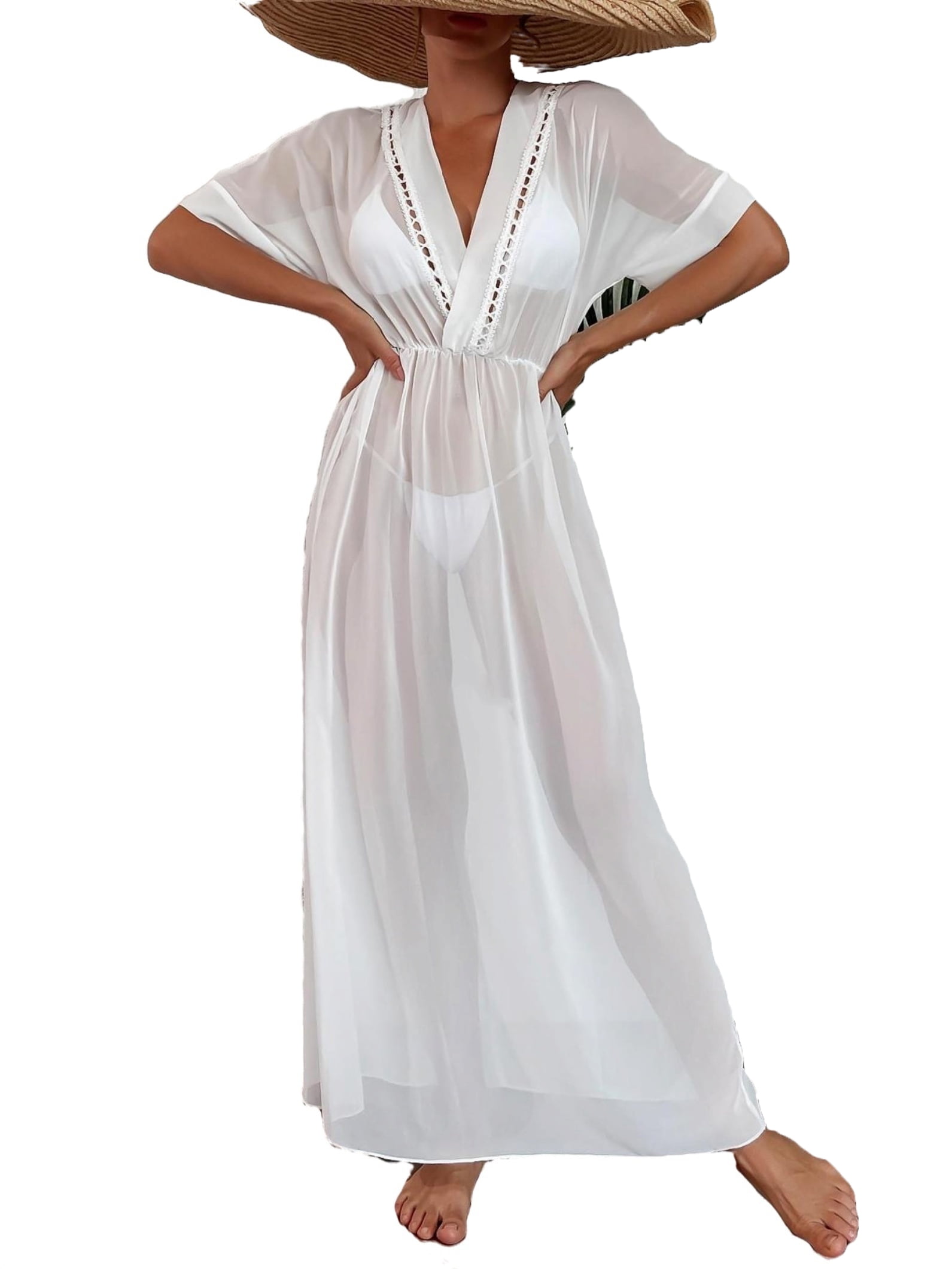 Plain Deep V Neck Elbow-Length White Women Cover Ups Without Bikini ...