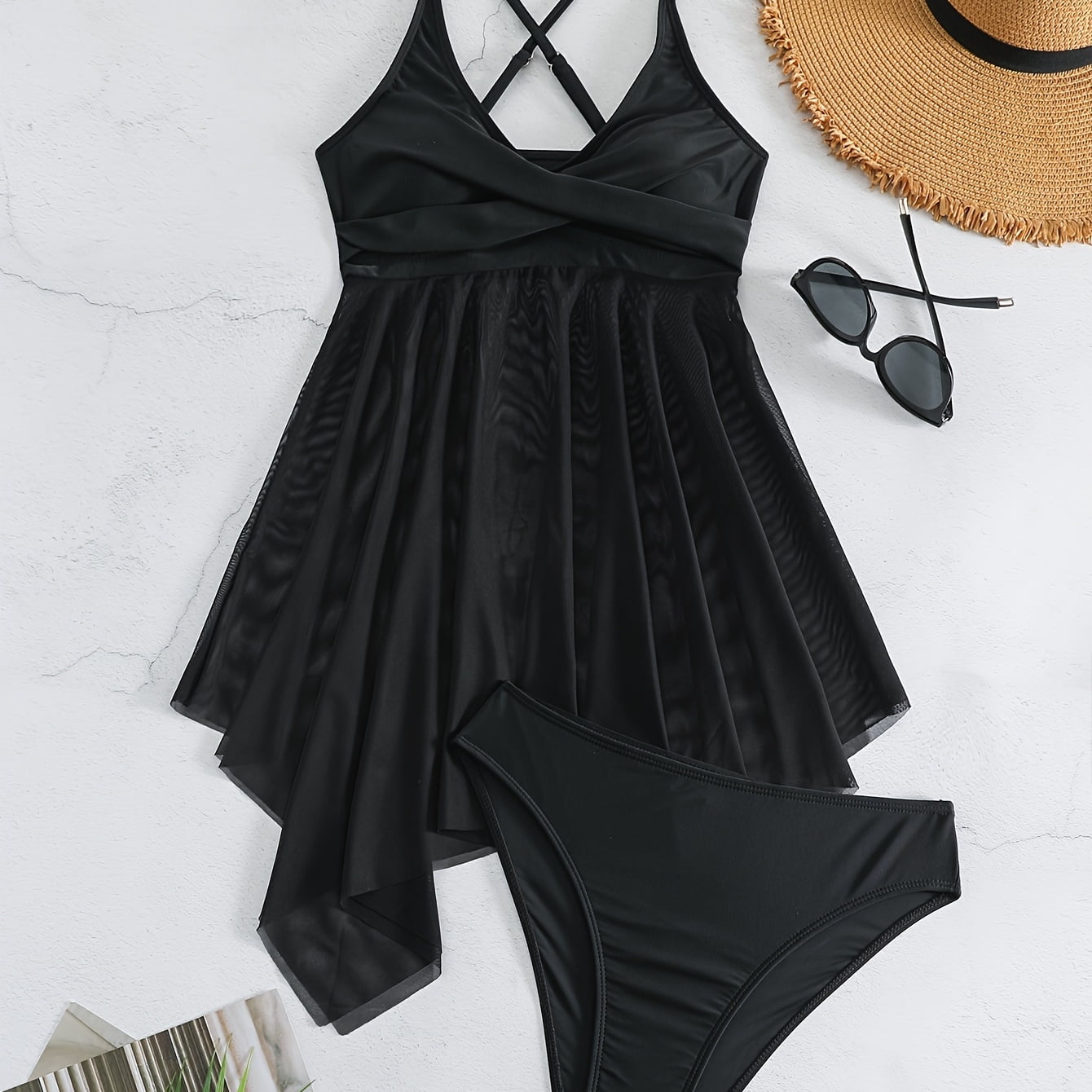 Plain Mesh Contrast Criss Cross Skirted 2 Piece Set Bikini Scoop Neck