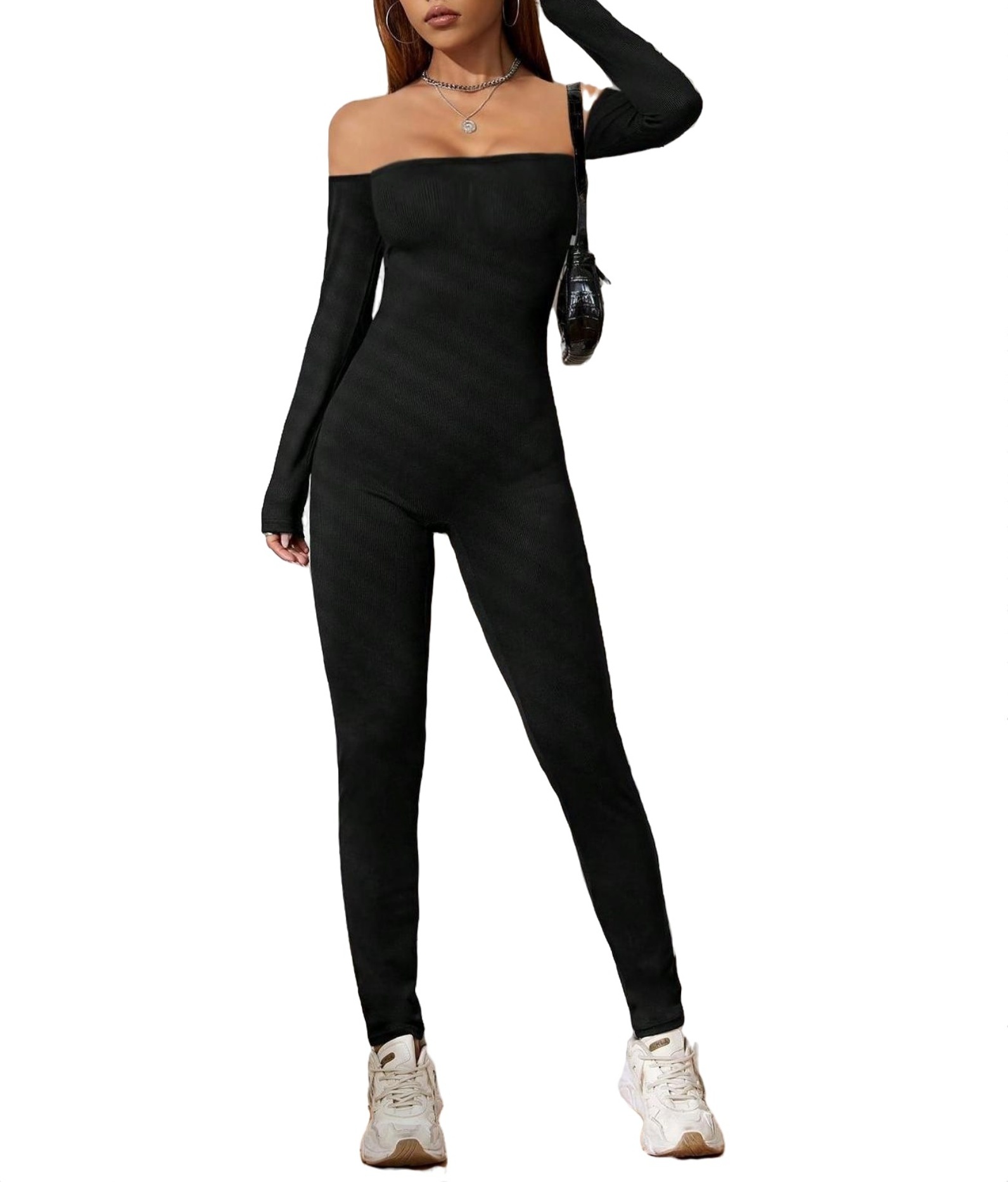 Women's Plain Off the Shoulder Black Long Sleeve Unitards M (6 ...