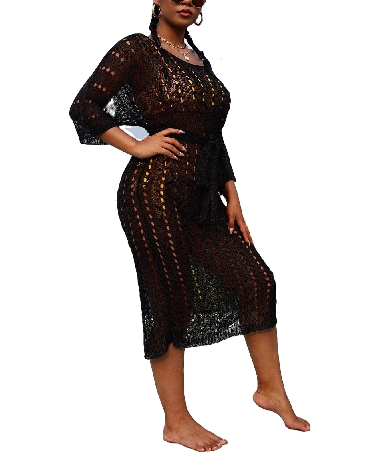 Plain Scoop Neck 3/4 Sleeve Black Plus Size Cover Ups (Women's Plus ...