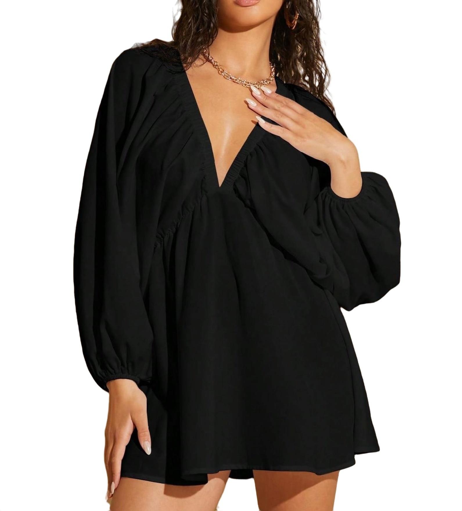 Plain Smock Dress Deep V Neck Black Women Dresses - Walmart.com