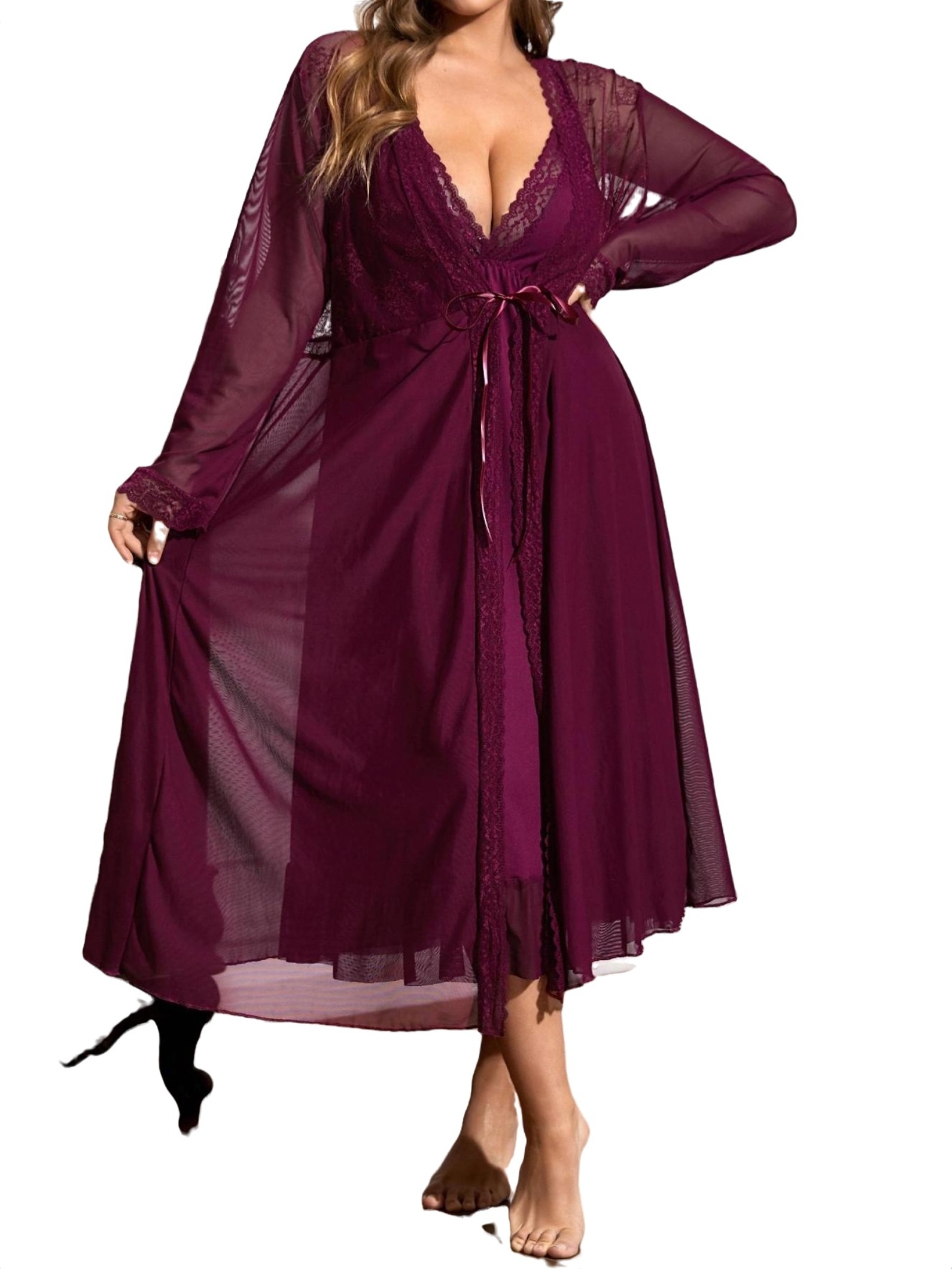 Plain Spaghetti Strap Robe Sets Long Sleeve Maroon Plus Size Robes ...