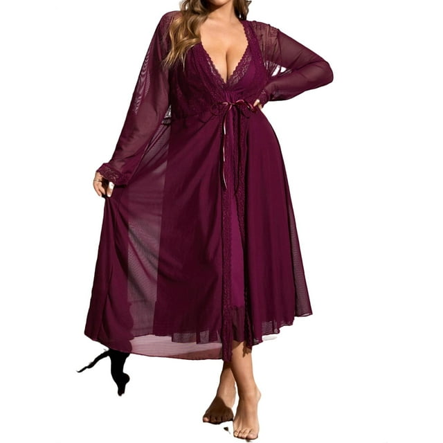 Plain Spaghetti Strap Robe Sets Long Sleeve Maroon Plus Size Robes ...