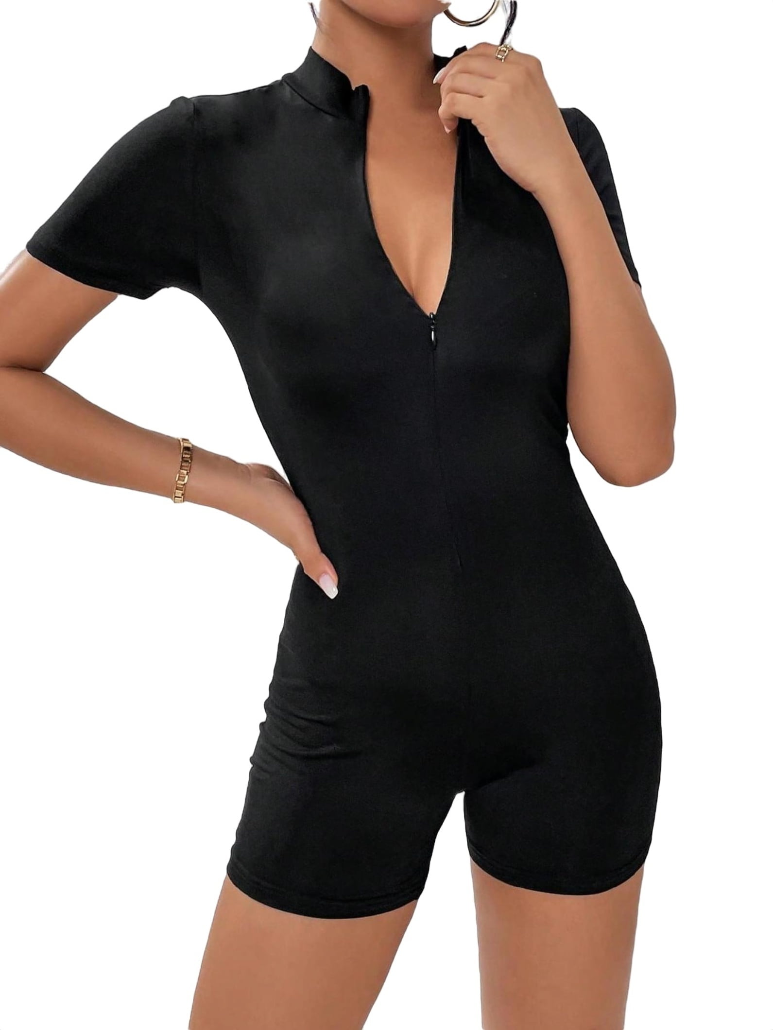 Plain Stand Collar Romper Black Women Unitards - Walmart.com