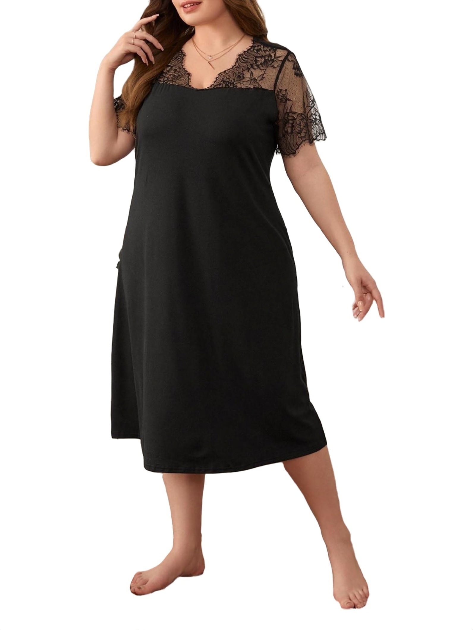 Plain V Neck Nightdress Short Sleeve Black Plus Size Nightgowns ...