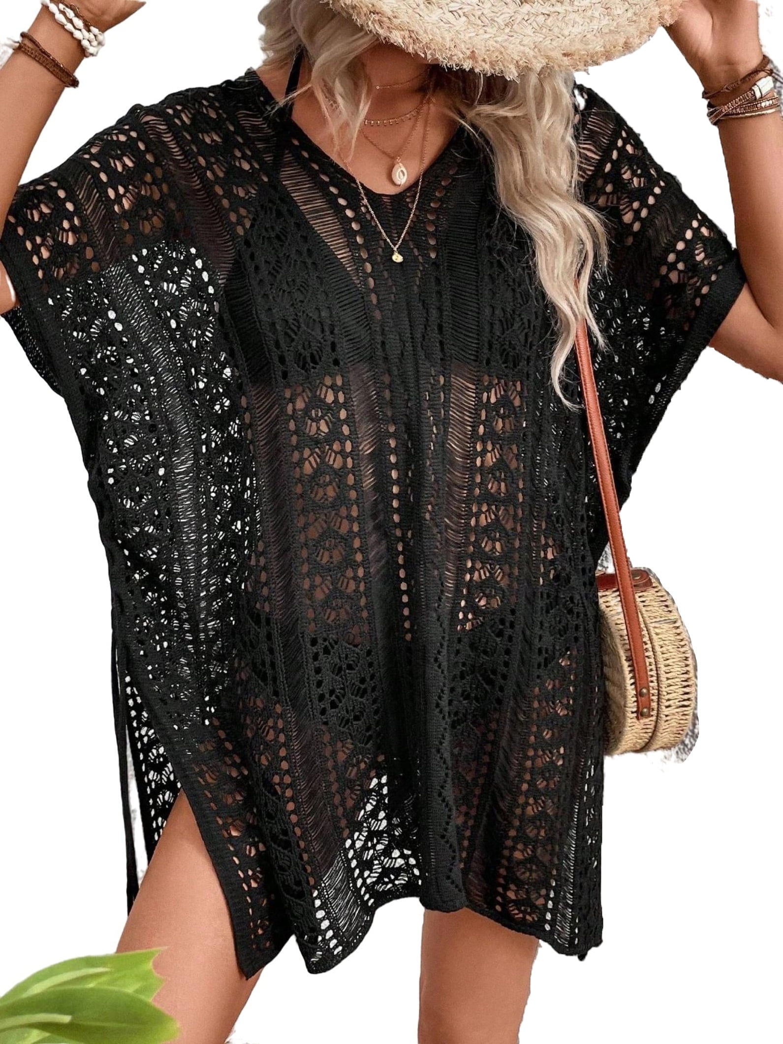 Plain V neck Elbow-Length Black Women Cover Ups Without Bikini (Women's ...