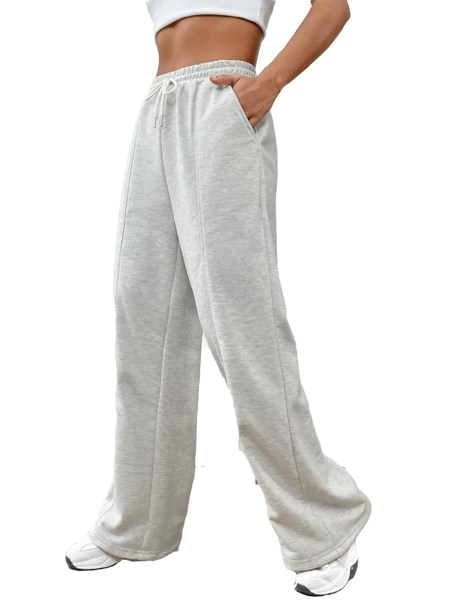 Plain Wide Leg Light Grey Women Sweatpants Womens