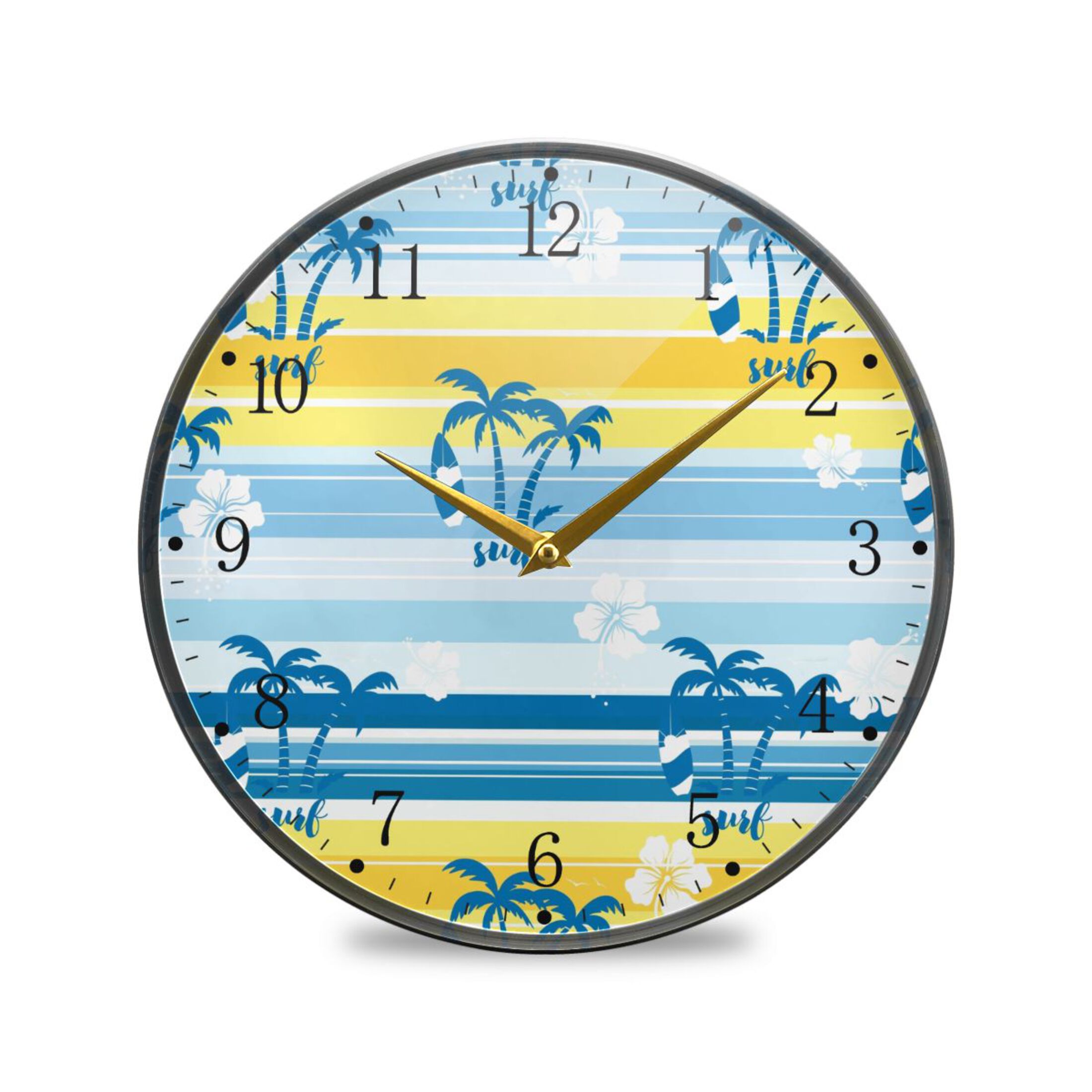 Plam Trees and Flowers with Blue Acrylic Wall Clocks Quiet Round Clock ...