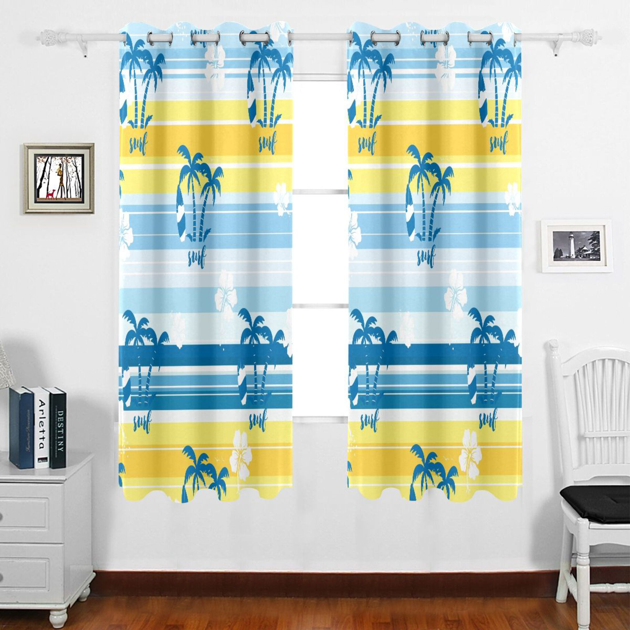 Plam Trees and Flowers with Blue Grommet Blackout Curtains Thermal ...