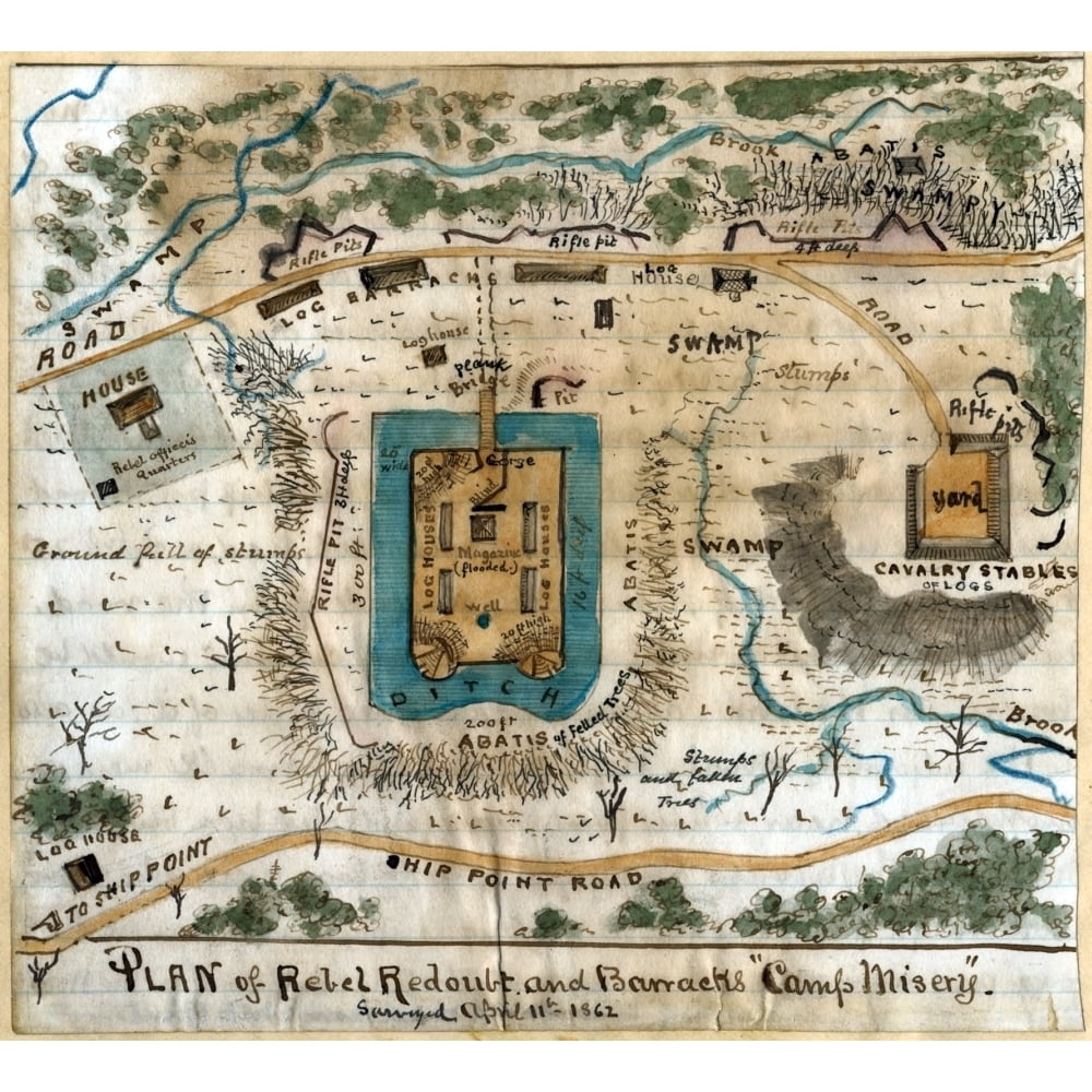 Plan of Rebel redoubt and barracks at "Camp Misery" Poster Print by ...