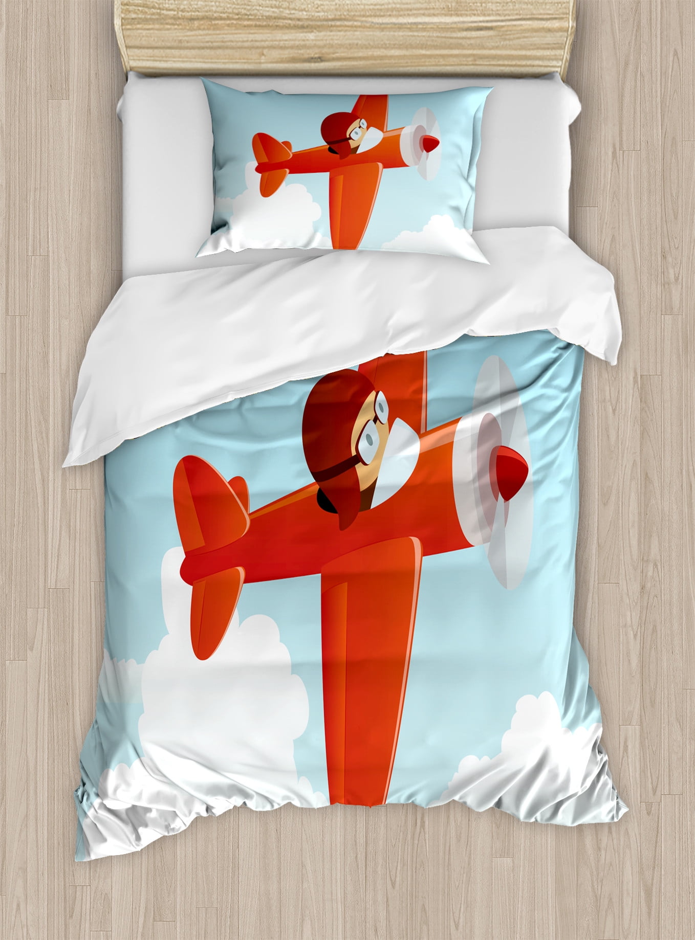 Plane Duvet Cover Set, Airplane Flying in the Cloudy Sky Little Boy ...