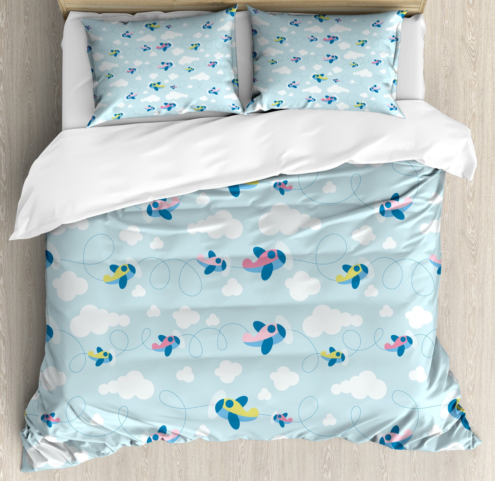 Plane Duvet Cover Set, Cartoon Style Sky with Airplanes and Clouds ...