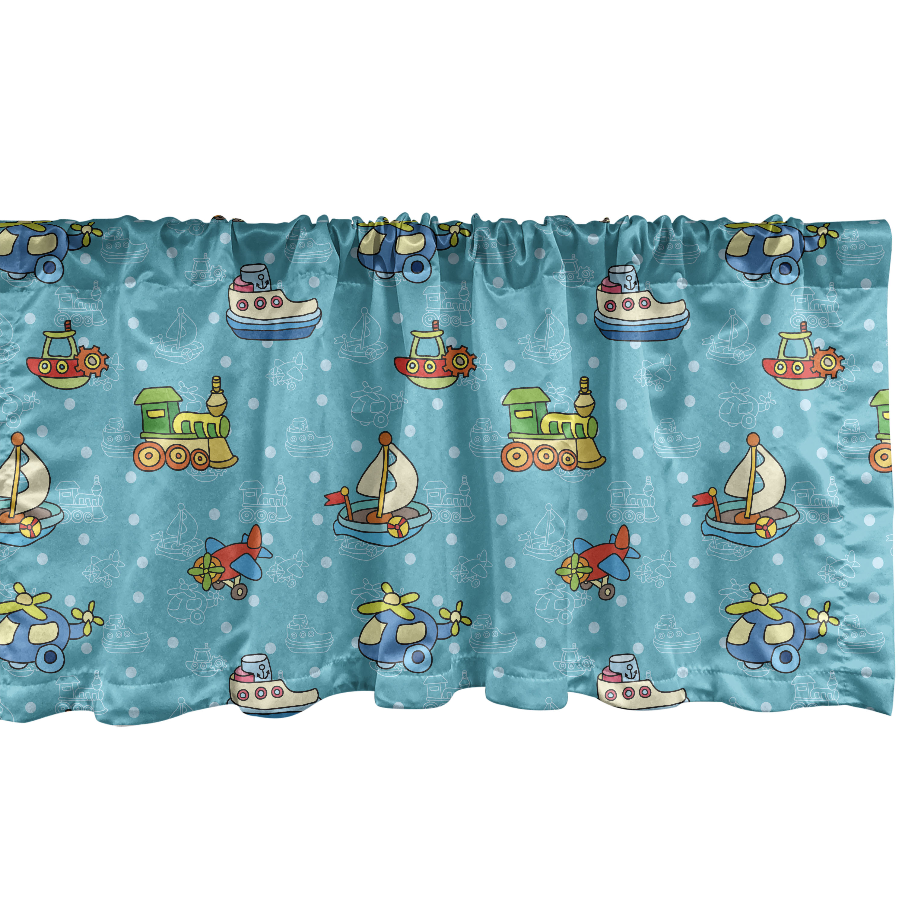 Plane Window Valance, Colorful Cartoon Pattern Boats Planes Trains on ...
