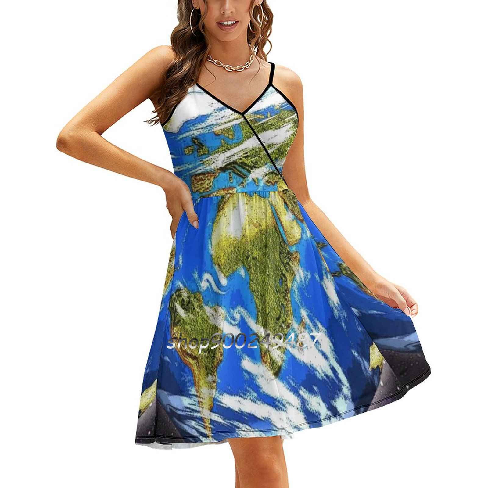 Planet Earth In Space Sweetheart Knot Flared Dress Fashion Design Large ...