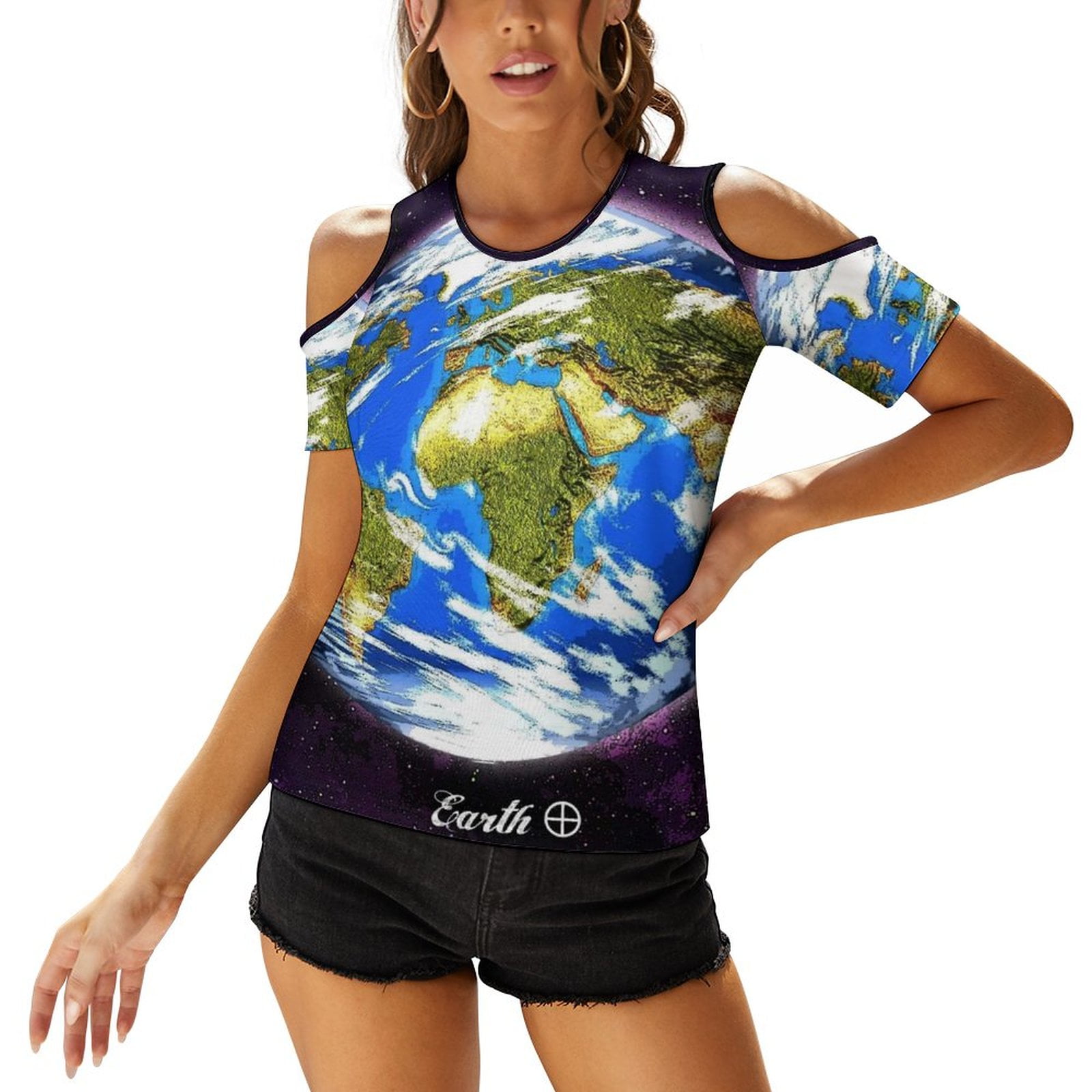 Planet Earth In Space Women Short Sleeve Tops O-Neck Hollow Out ...