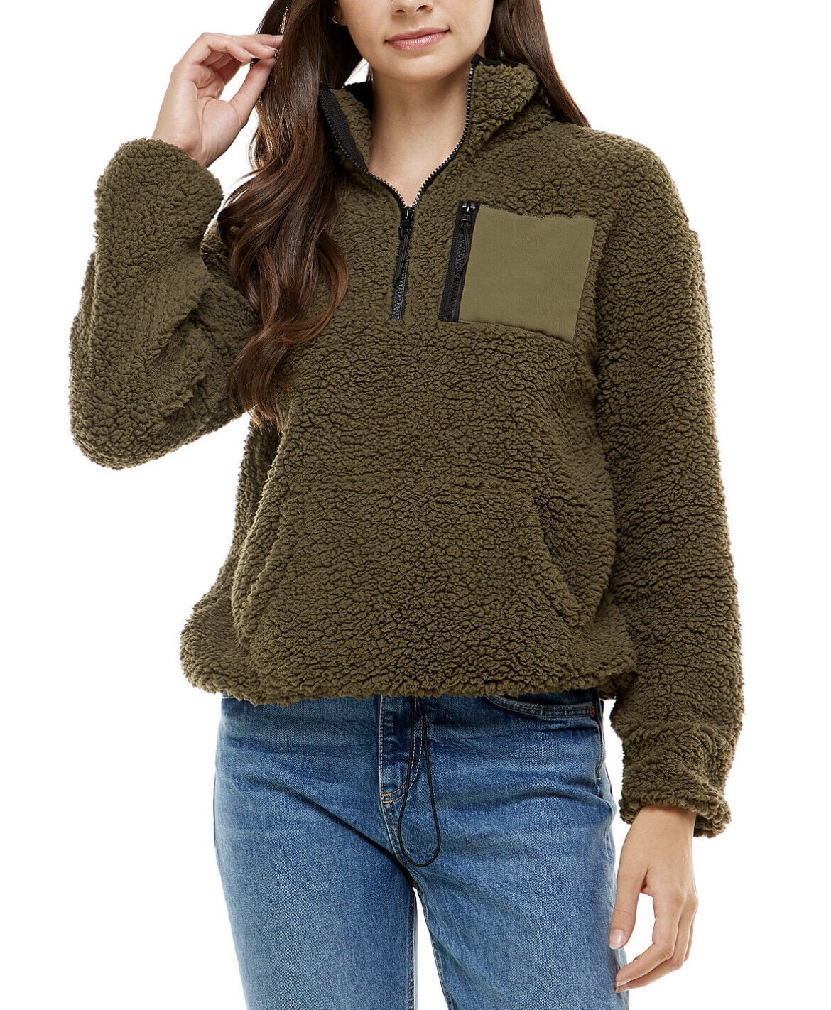 Planet Gold Juniors' Fluffy Mock-Neck Sherpa Quarter-Zip Top Olive ...