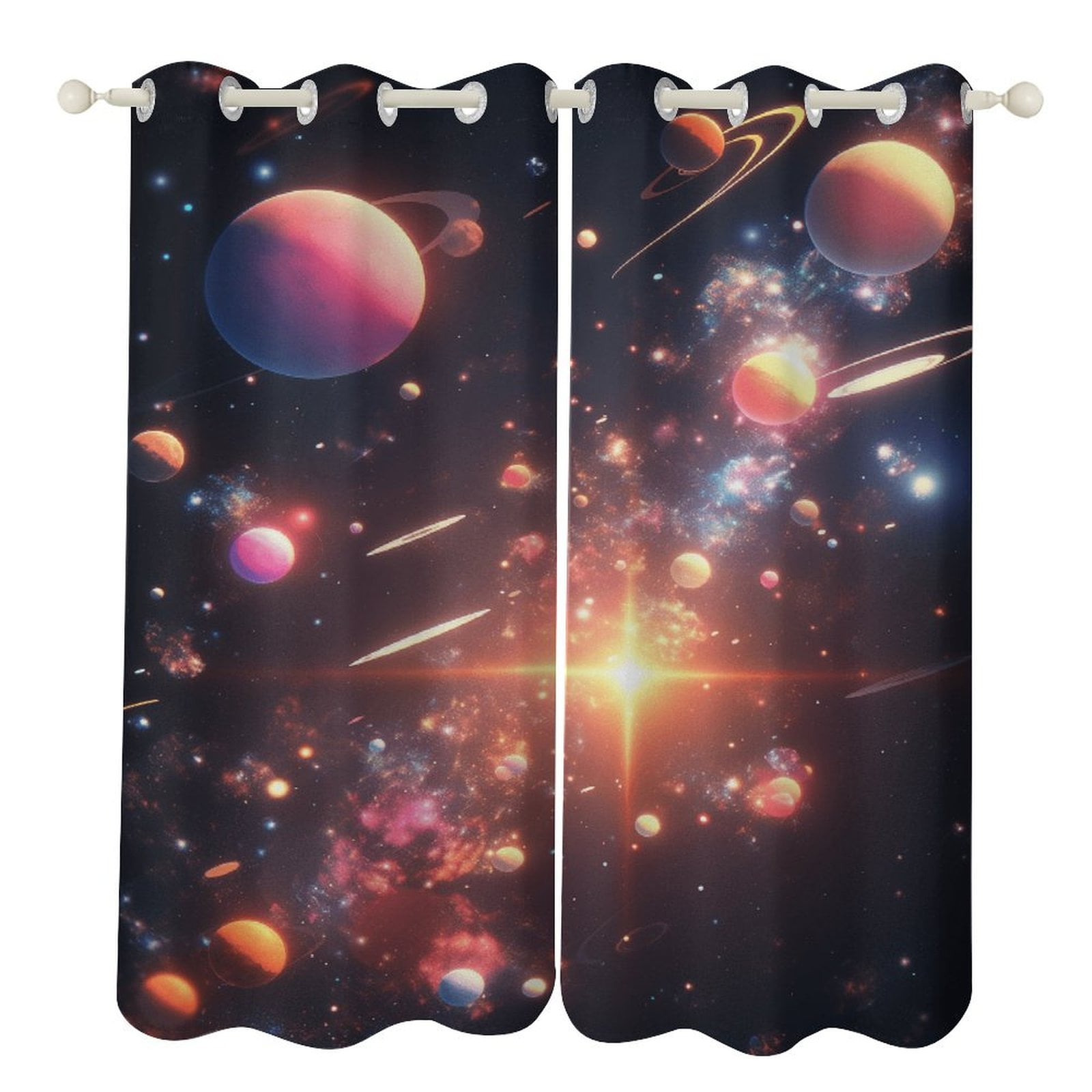 Planet Mars Mercury Jupiter 2 Panel Curtain Set, Watercolor Painting Window Treatment Living ...