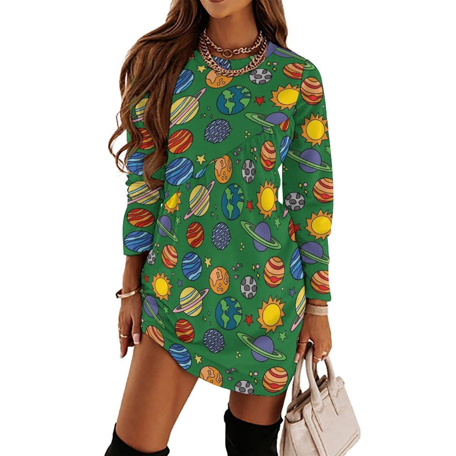 Planet Print Space Earth Astronomy Science Green Loose Dress Evening ...