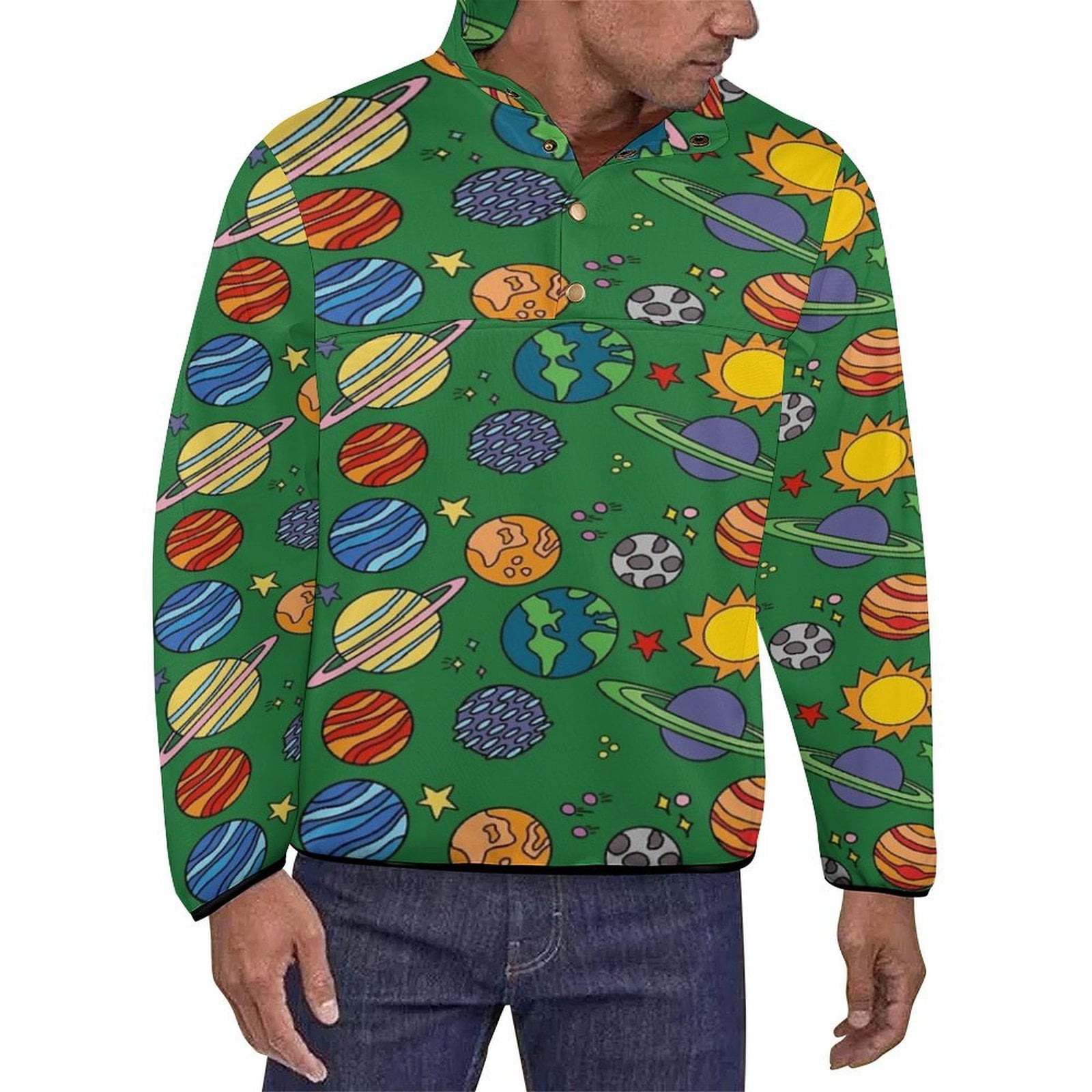 Planet Print Space Earth Astronomy Science Green Men's Stand Collar ...