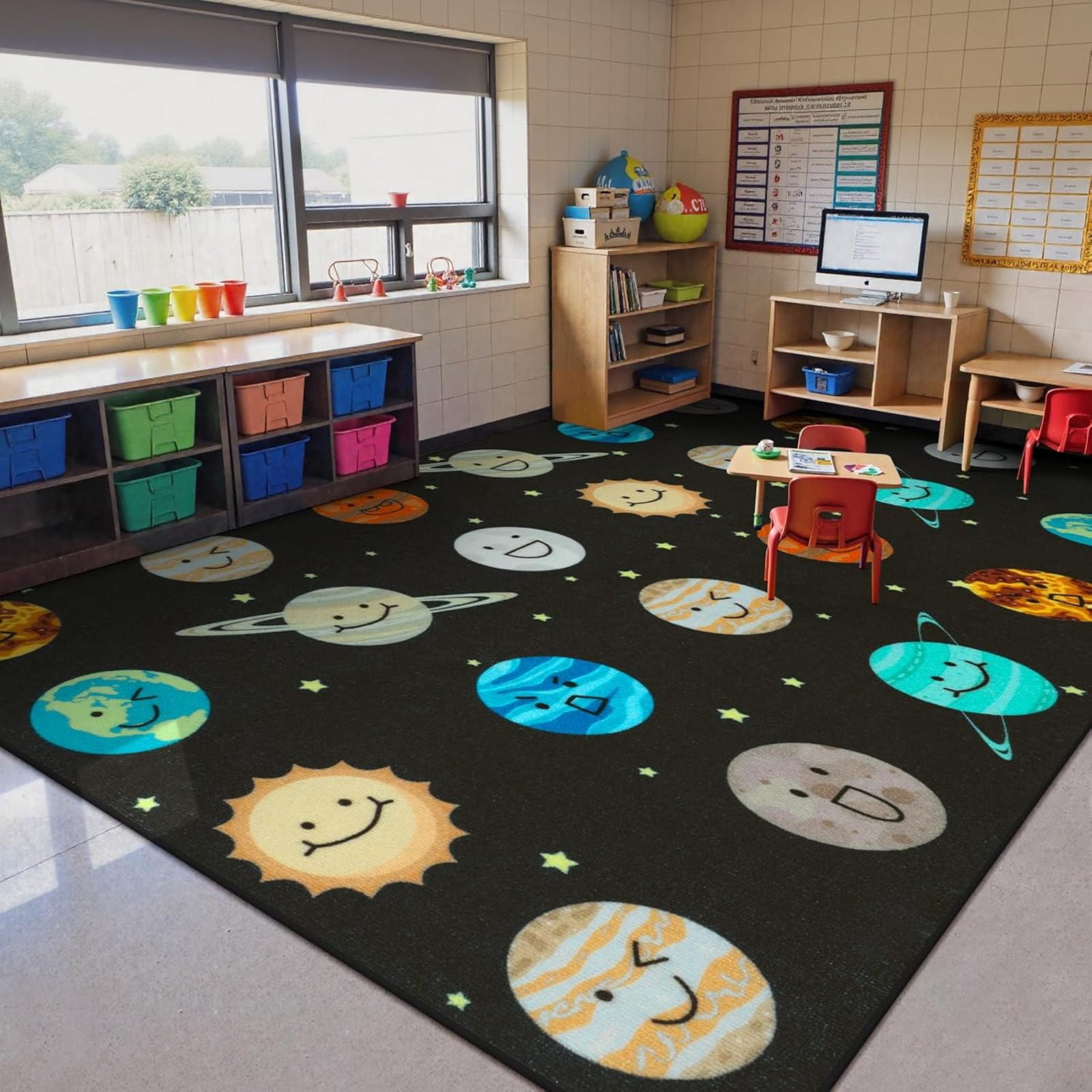 Planet Smiley Face Classroom Rug, Washable Educational Daycare Rug For ...