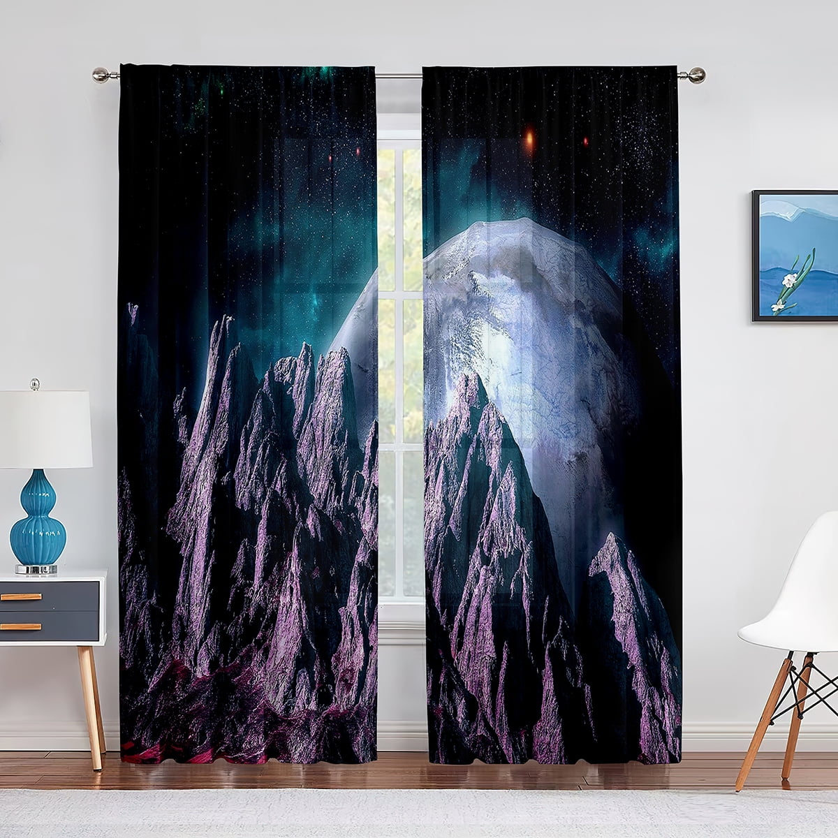 Planet on Milky Way Night Sky with Many Stars Purple Tulle Curtain for ...