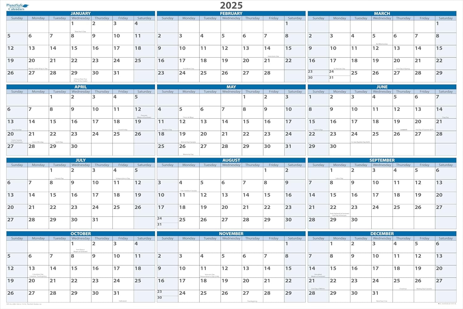 PlanetSafe Calendars Horizontal Sky Blue 2025 Annual 12 Month Wall ...
