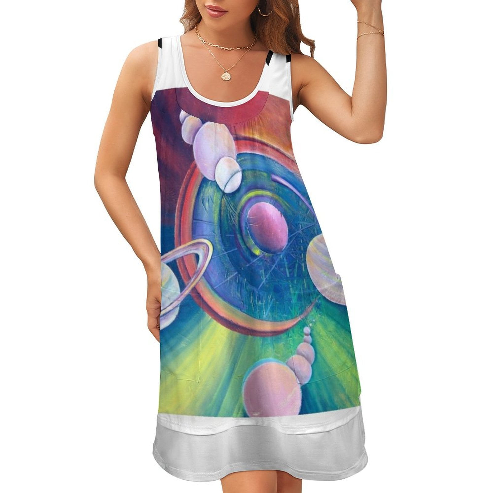 Planetary Alignment Sleeveless U-Neck Fake Two Piece Dress Female ...