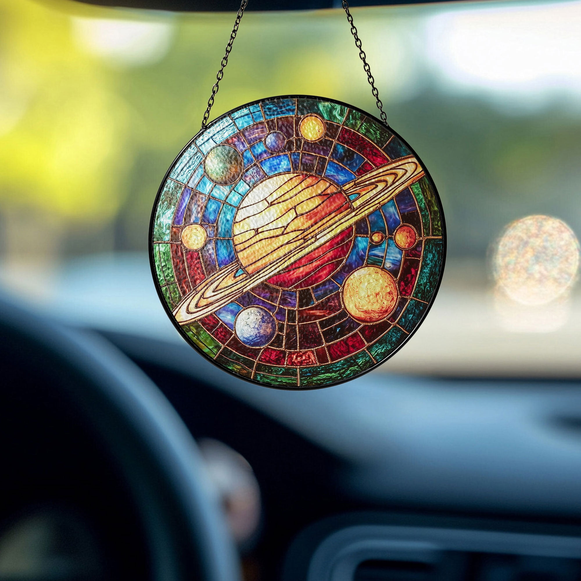Planetary Stained Glass Suncatcher - Handcrafted Mosaic Art with Saturn & Solar System, Colorful ...