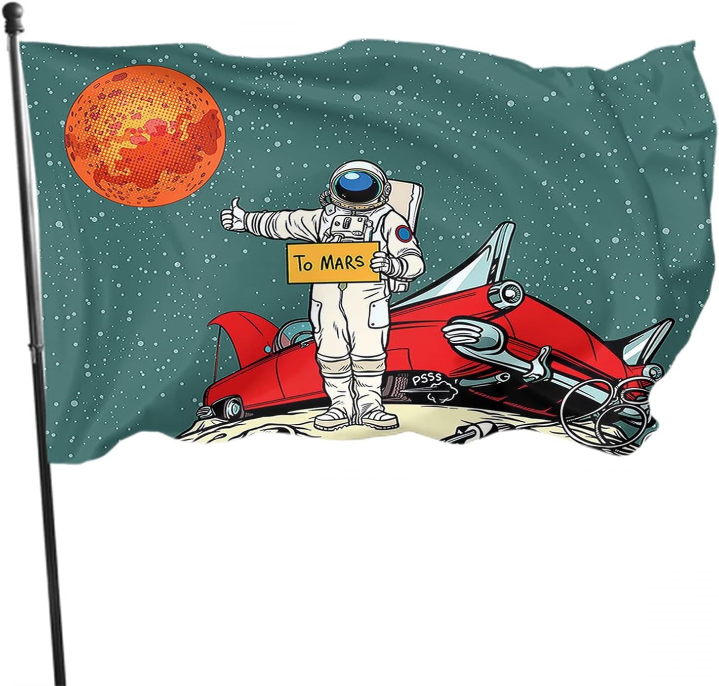 Planets Flag 3x5 ft Astronaut Hitchhiker The Road To Mars Car Broke Down In Space Outdoor Flags ...