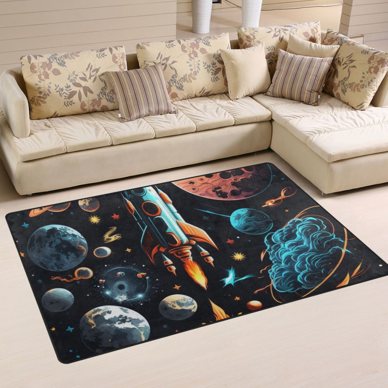 Planets Rocket Blue Area Rug Washable Floor Carpet Mat 60 x 39 inch for ...