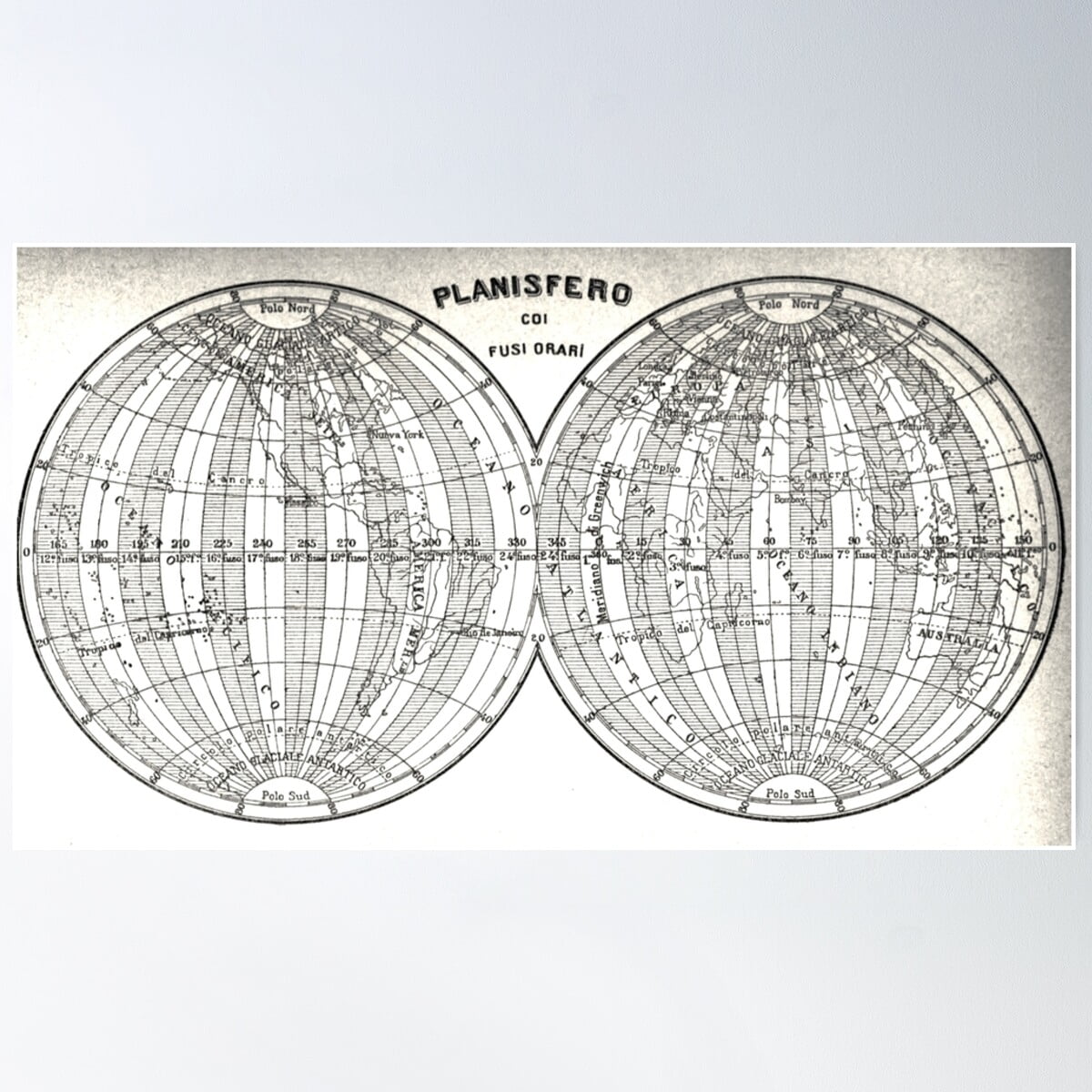 Planisphere With Time Zones 1896 Poster Wall Art, Modern Wall Decor For ...
