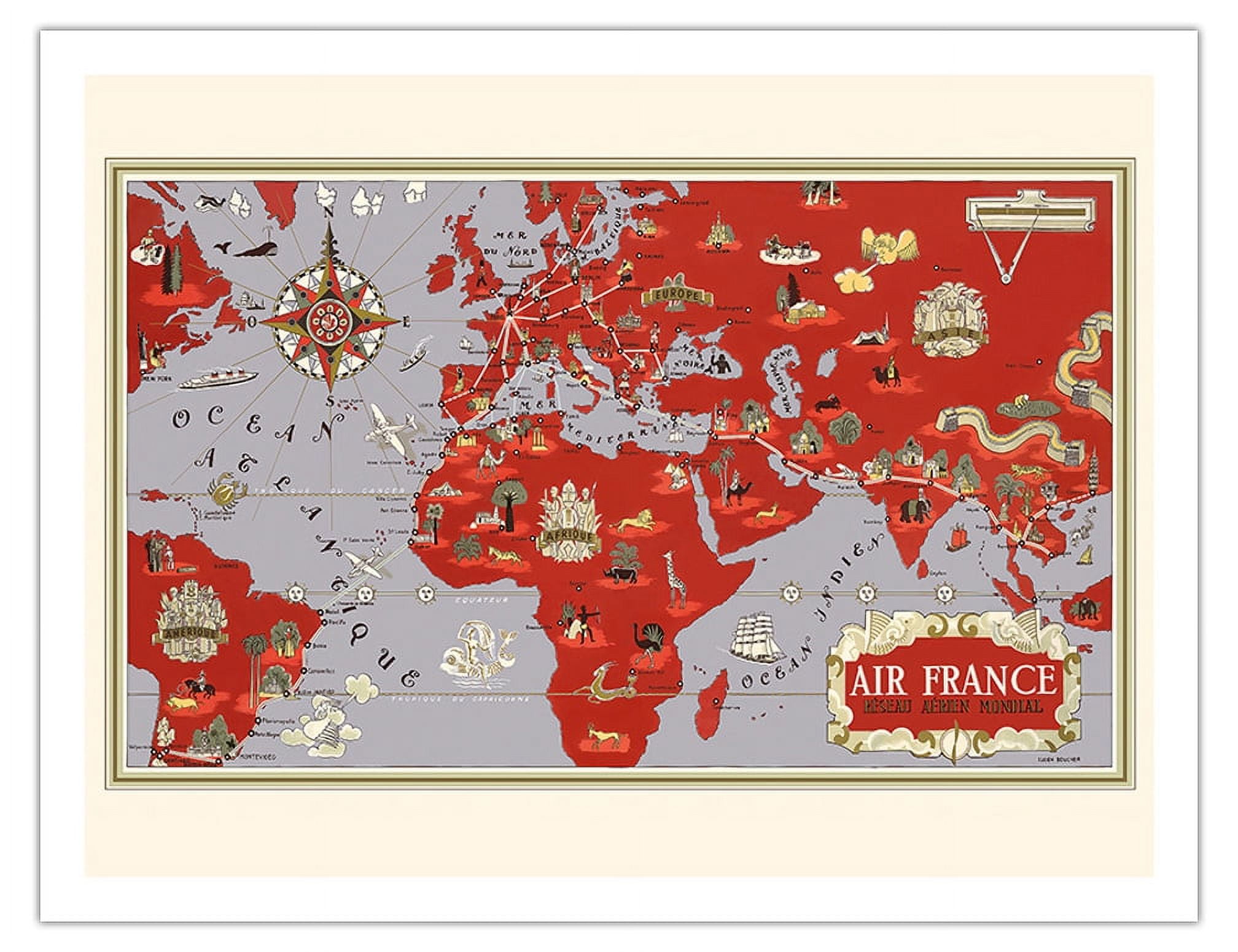 Planisphere World Route Map - France - Réseau Aérien Mondial - Vintage ...